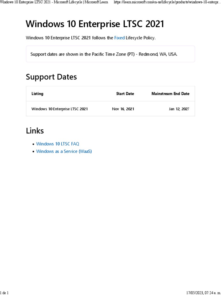 Support Lifecycle Dates for Windows 10 Enterprise LTSC 2021: Mainstream ...