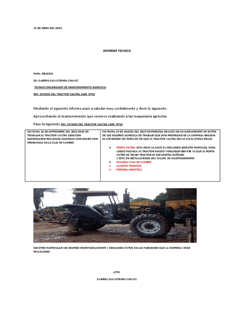 Informe Del Tra-02 Valtra 1580 | PDF