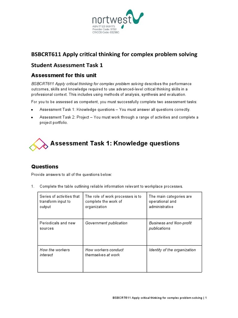 BSBCRT611 Task 1: Critical Thinking Assessment | PDF | Critical Thinking | Thought