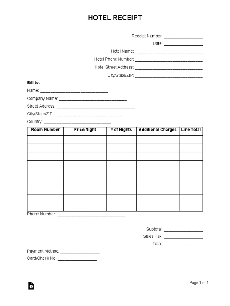 Hotel Receipt Template Pdf
