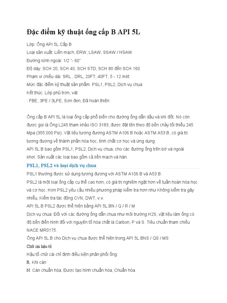 Đặc Điểm Kỹ Thuật Ống Cấp B API 5L | PDF