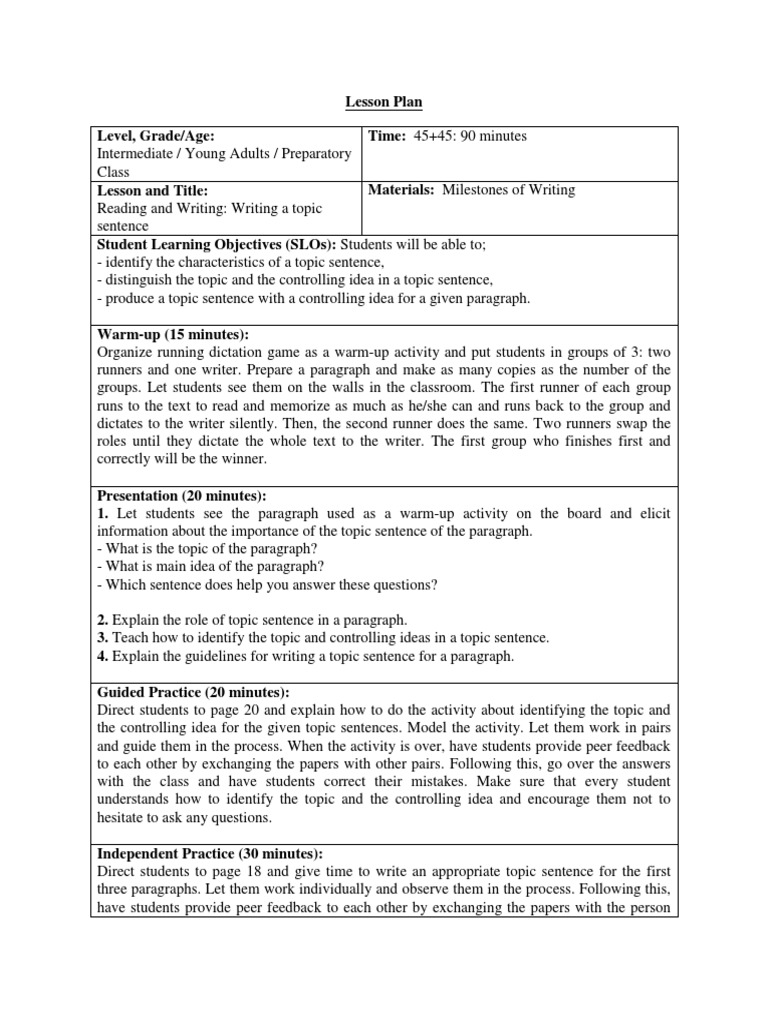 lesson-plan-on-writing-a-topic-sentence | PDF | Lesson Plan | Homework