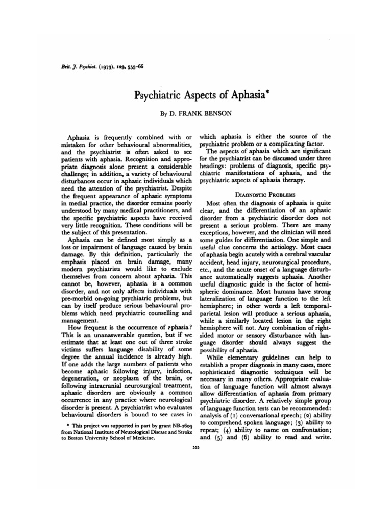 Psychiatric Aspects of Aphasia | PDF