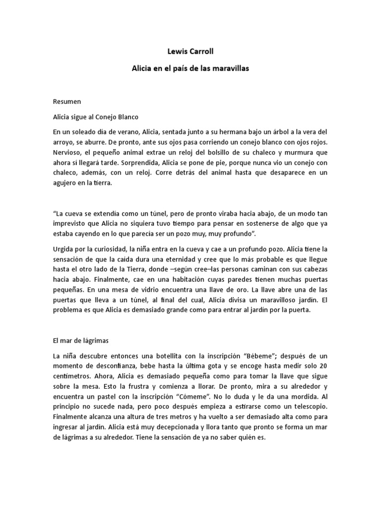 Resumen Alicia en El País de Las Maravillas | PDF | Las aventuras de ...