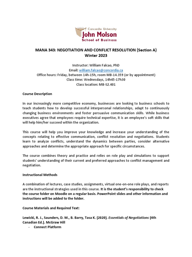 Negotiation & Conflict Course Winter 2023 | PDF | Educational Assessment | Plagiarism