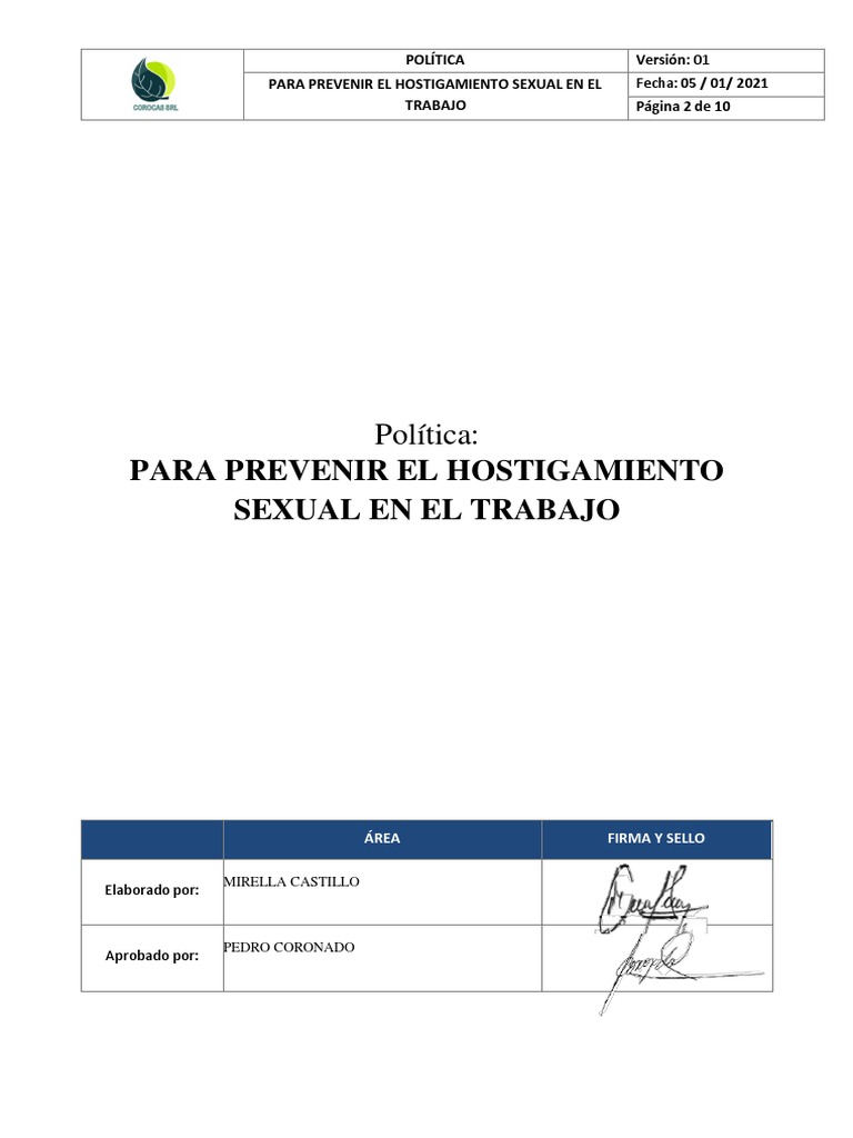 Política Para Prevenir El Acoso Sexual En El Trabajo Corocas Pdf