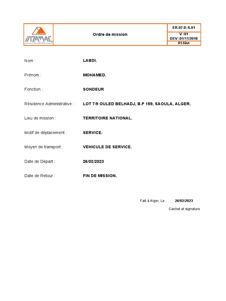 Ordres de mission pour géotechniciens | PDF