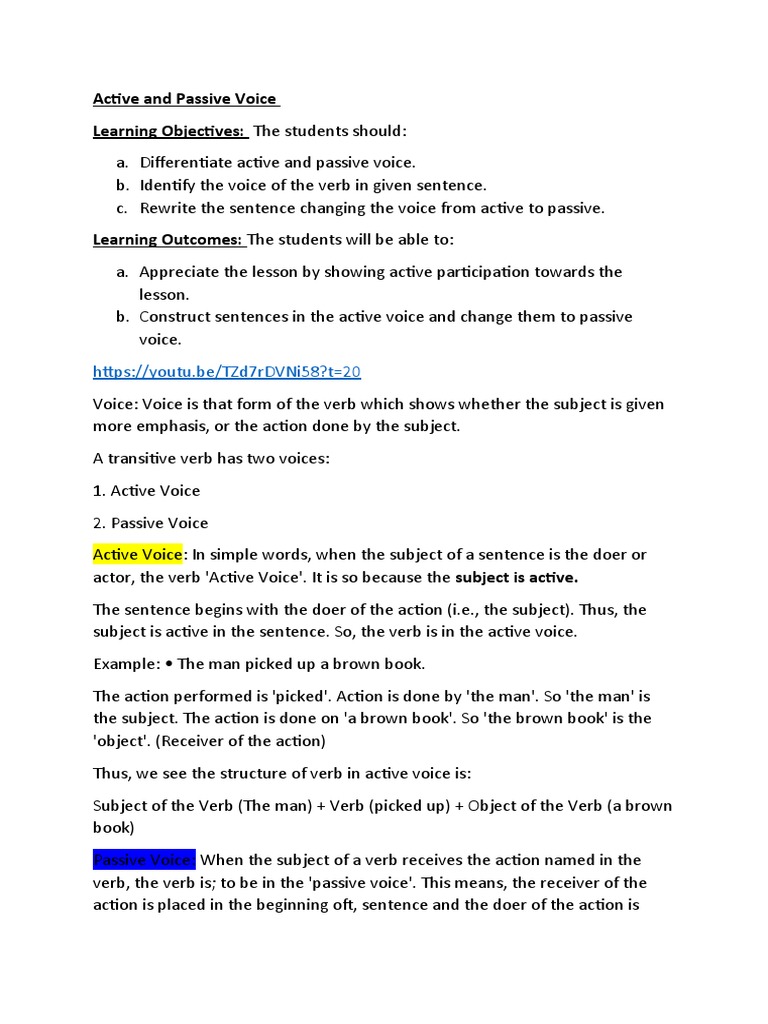 Active and Passive Voice 082314 | PDF | Verb | Subject (Grammar)
