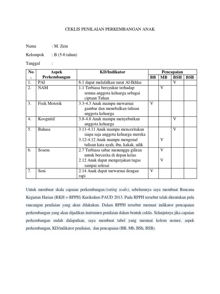 Ceklis Penilaian Perkembangan Anak | PDF
