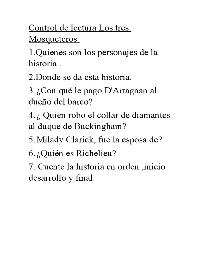 Control de Lectura Los Tres Mosqueteros | PDF