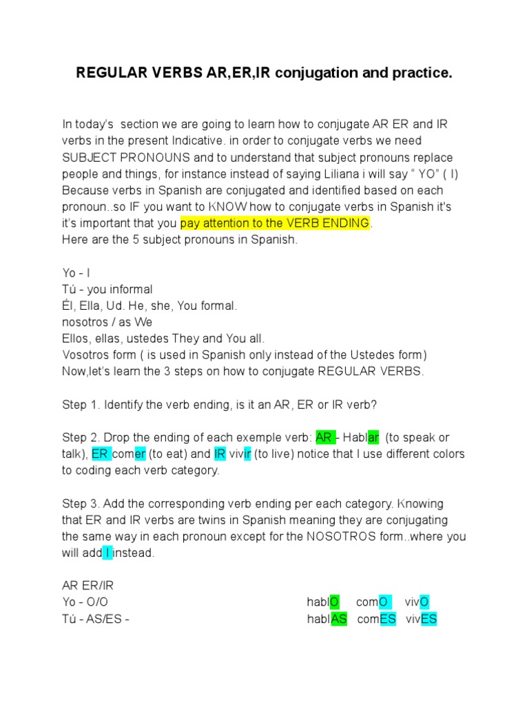 AR, ER, IR VERBS Conjugation Plus SUBJECT PRONOU | PDF