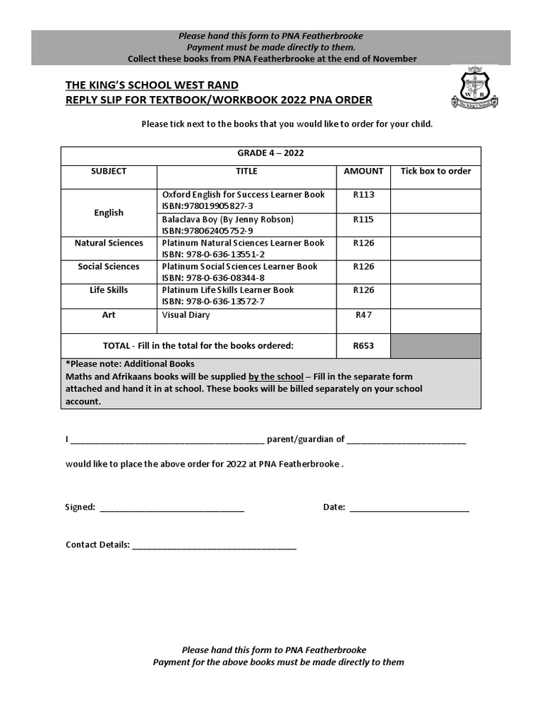 2022 GR 4-7 Pna Textbook Order Form | PDF | Written Communication ...