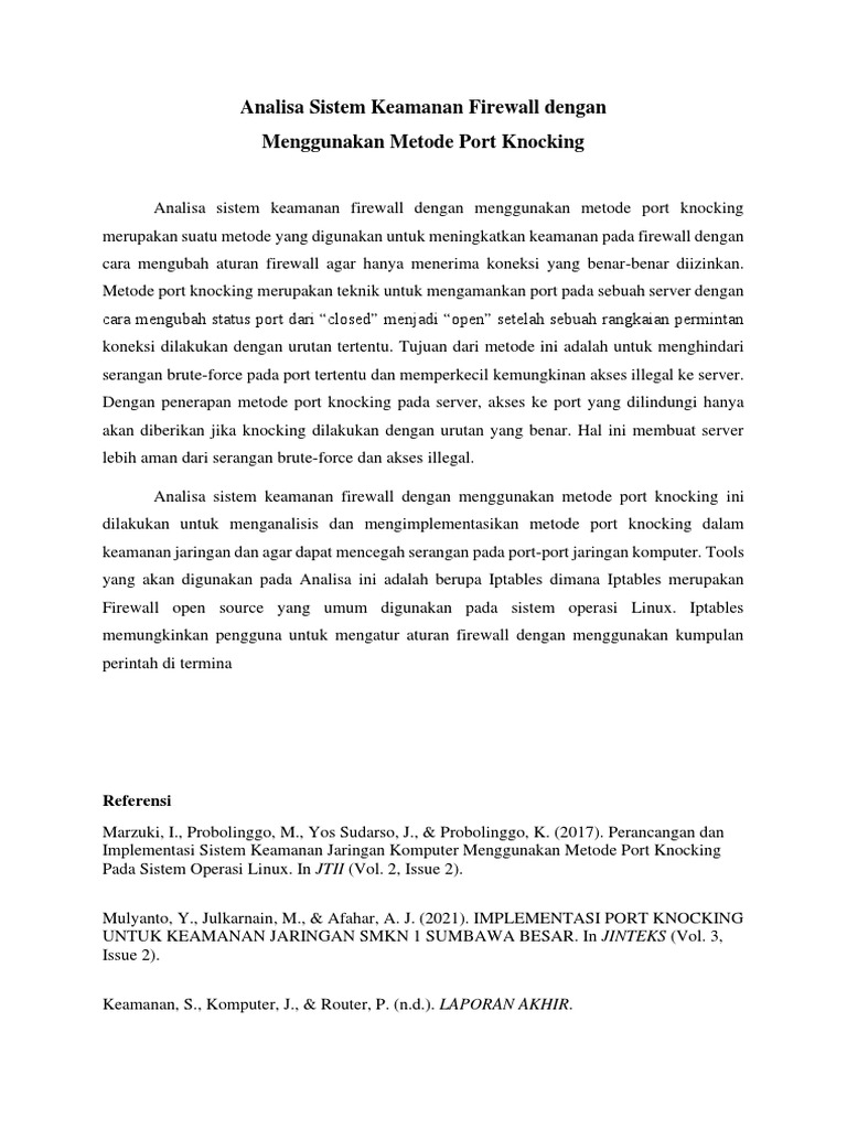 Analisa Sistem Keamanan Firewall Dengan Menggunakan Metode Port Knocking | PDF