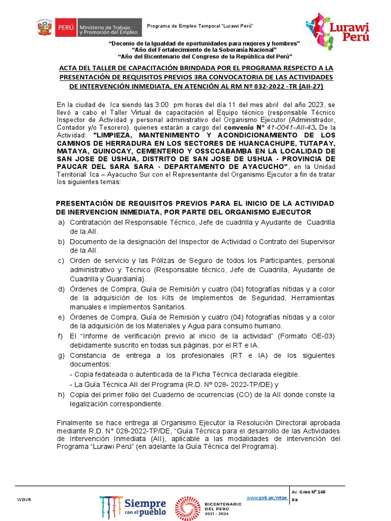 Taller de Capacitacion Requisitos Previos Aii-27 0041 | PDF