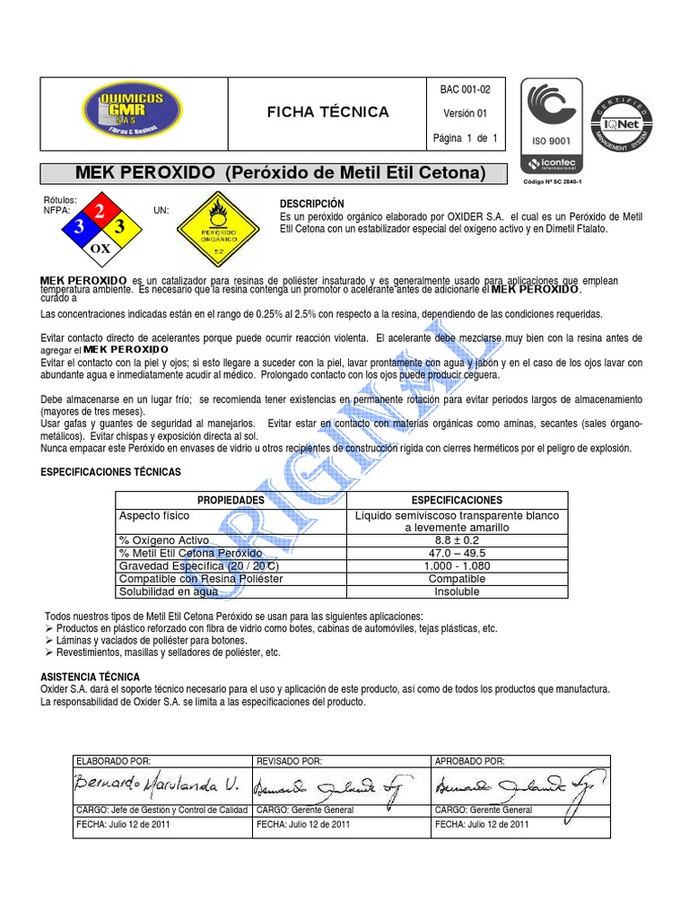 Ficha Tecnica Mek Peroxido | PDF