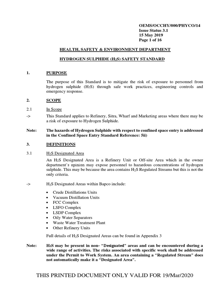 H2S Safety Standard May2019 | PDF