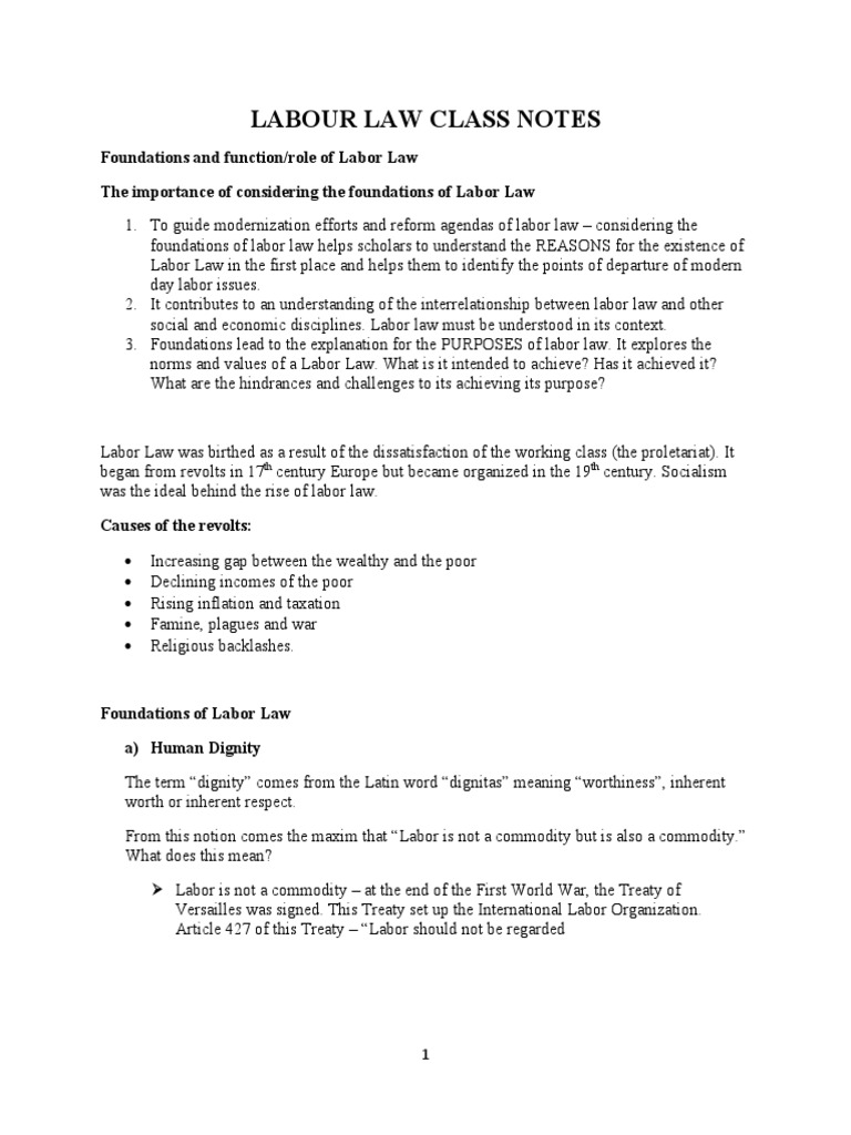 LABOUR LAW CLASS NOTES Foundations and Sources | PDF