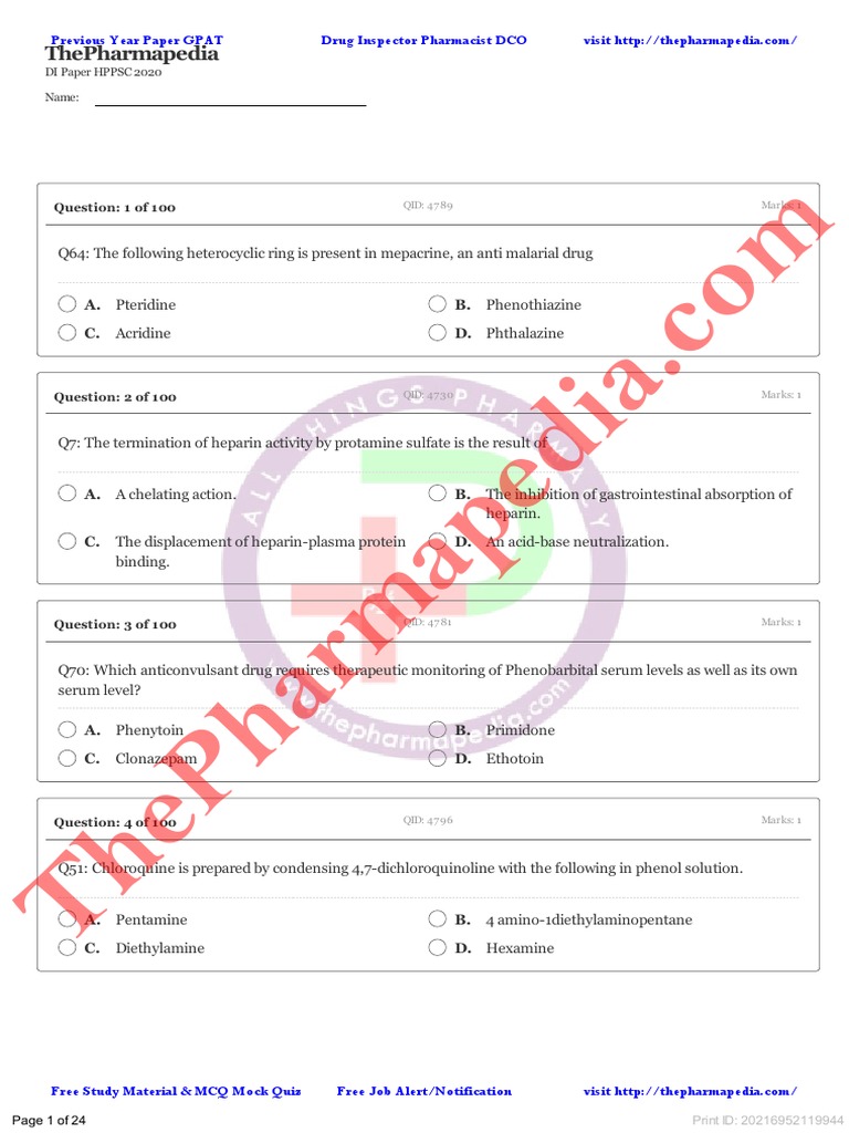 Drug Inspector Paper HPPSC 2020 Himachal Pradesh The Pharmapedia | PDF ...