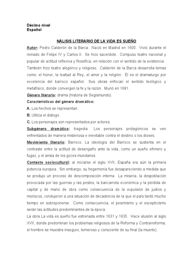 Análisis de "La vida es sueño" | PDF