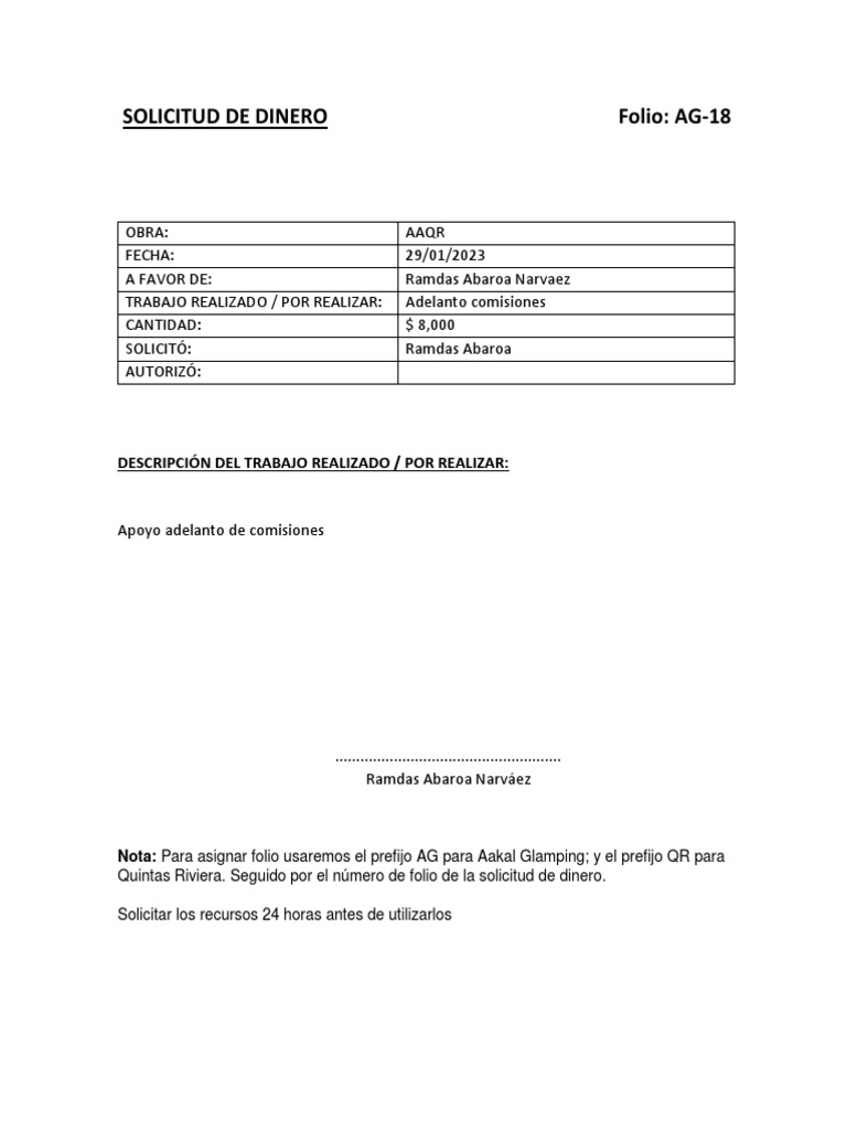 FORMATO Solicitud de Dinero-1 | PDF