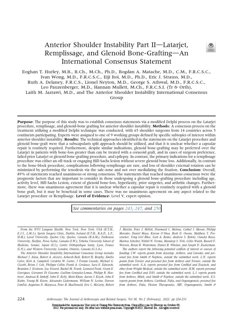 Anterior Shoulder Instability Part IIdLatarjet, Remplissage, and ...