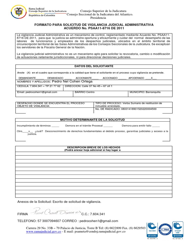Formato para Solicitud de Vigilancia Judicial Administrativa Acuerdo No ...