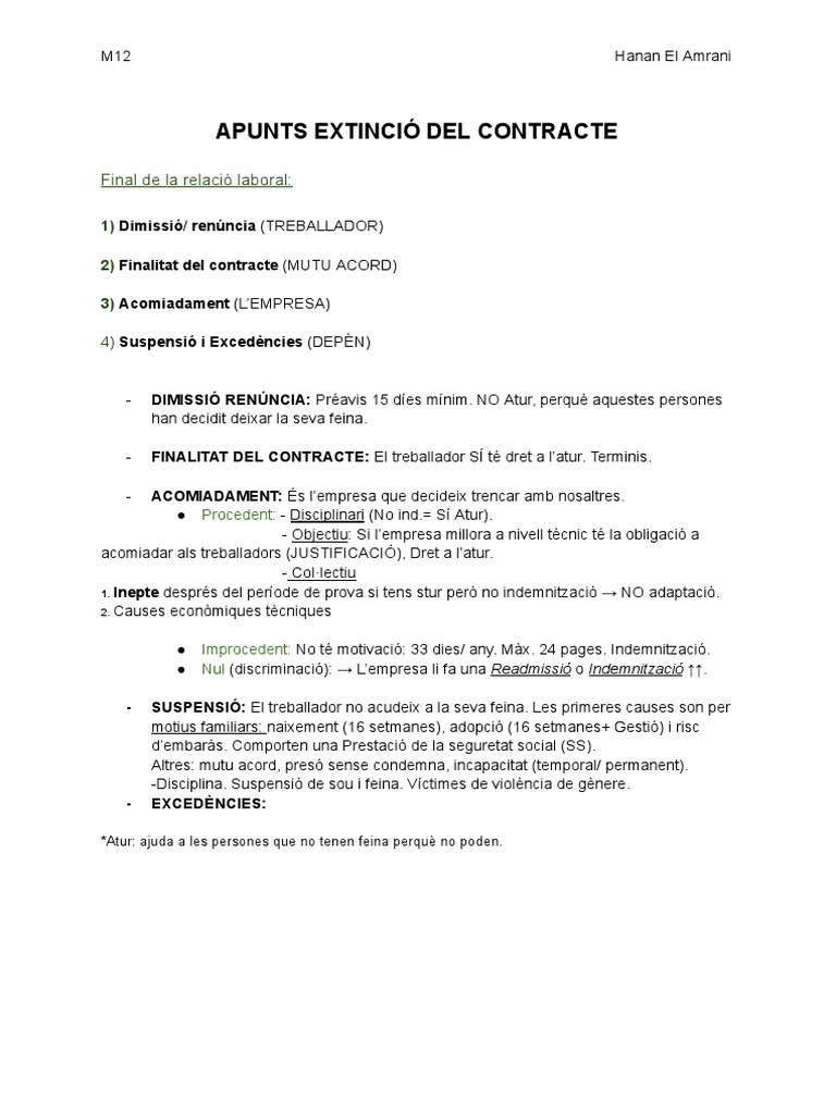 Apunts Extinció Del Contracte - Hanan El Amrani-1-1 | PDF