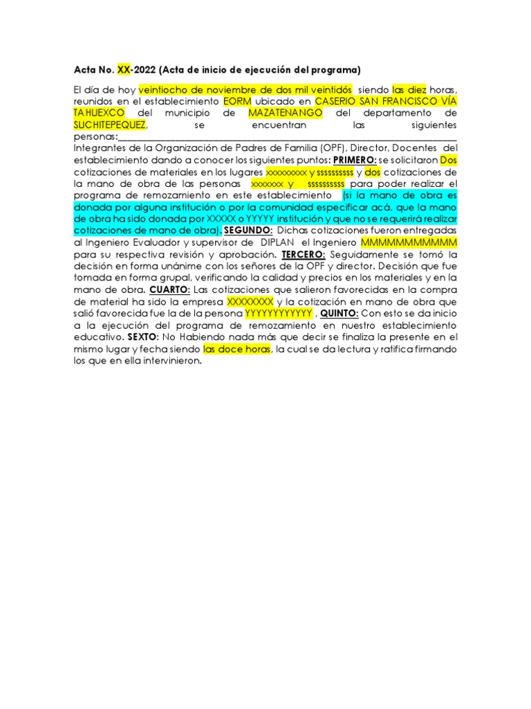 MODELO DE Acta de Inicio de Ejecucion de Programa | PDF