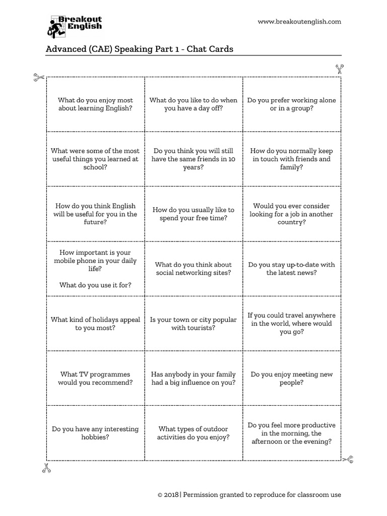 Advanced CAE Speaking Part 1 Chat Cards | PDF