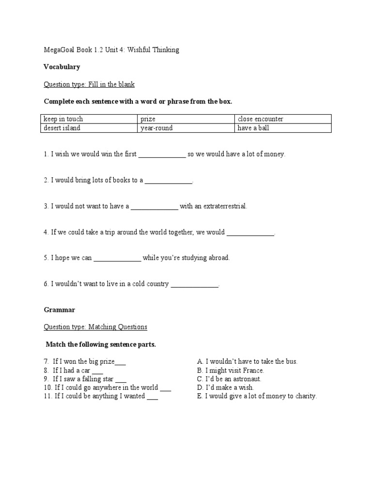 MegaGoal Unit 4: Wishful Thinking Activities | PDF | Travel