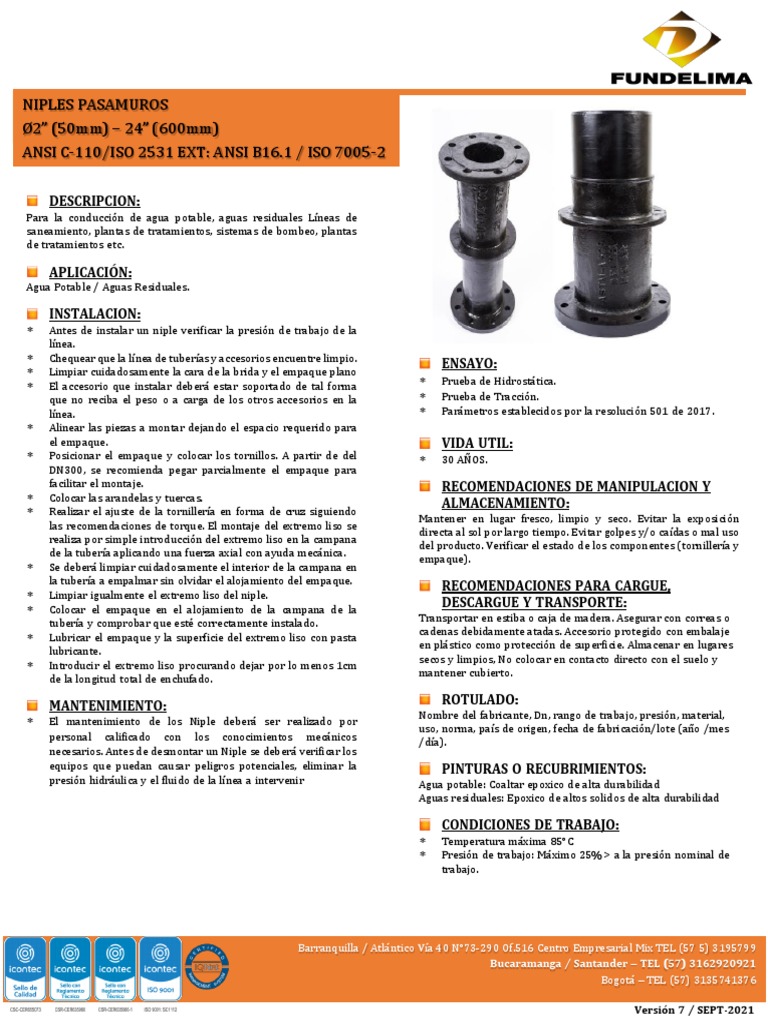 Ficha Tecnica Niple Pasamuros Rev. 1 | PDF | Tubería (transporte de ...