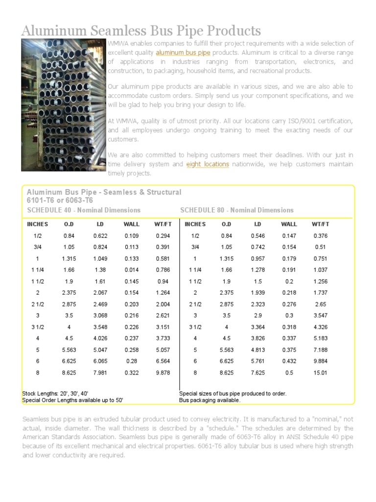 WMWA Aluminum Seamless Bus Pipe Specs | PDF | Pipe (Fluid Conveyance) | Materials Science