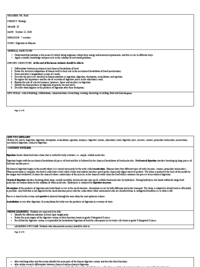 Lesson Plan 2020 Bio Digestion 1 | PDF | Digestion | Human Digestive System