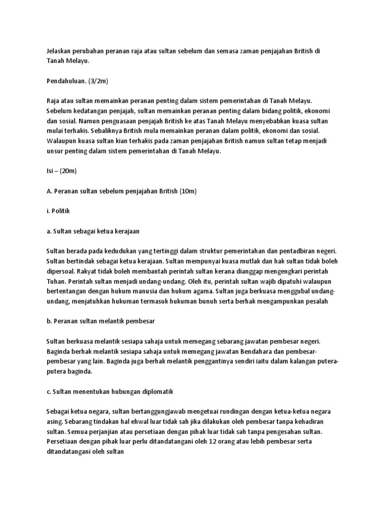 Perubahan Peranan Raja Atau Sultan Sebelum Dan Semasa Zaman Penjajahan British Di Tanah Melayu | PDF