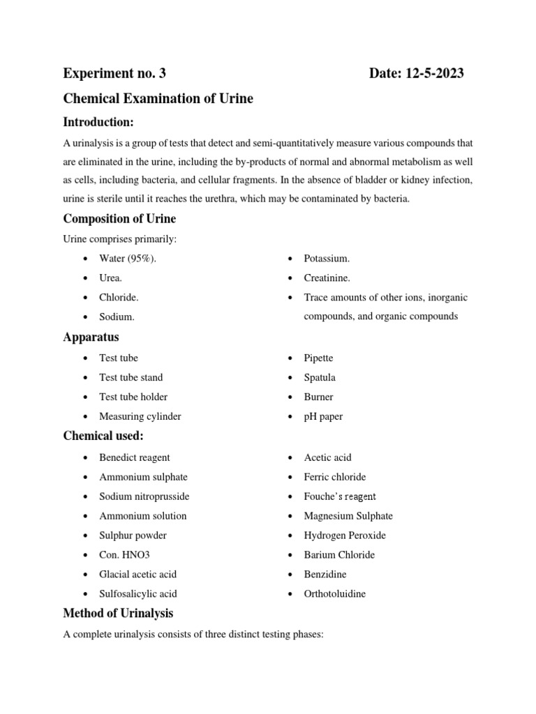 Experiment No. 3 Chemical Examination of Urine | PDF