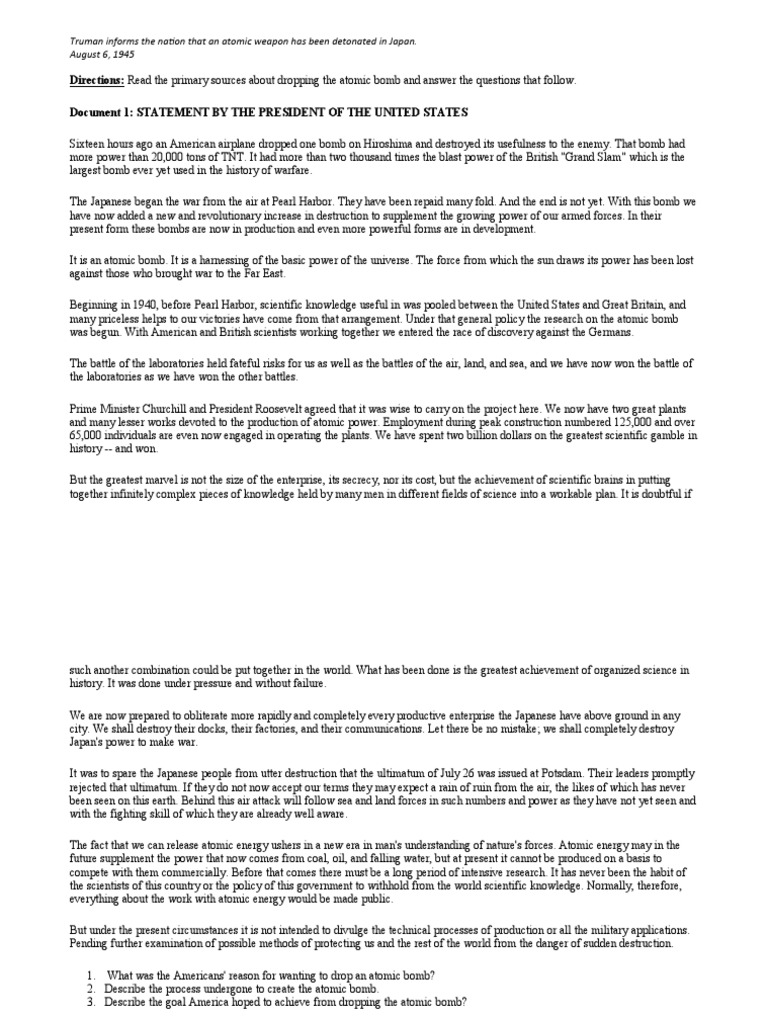 Truman's Announcement of Hiroshima Bombing | PDF | Atomic Bombings Of ...