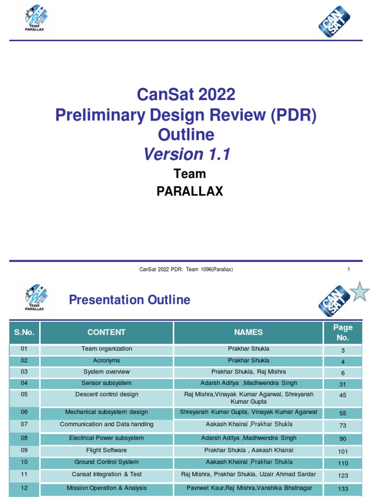 Cansat 2022 Preliminary Design Review (PDR) Outline: Team Parallax ...