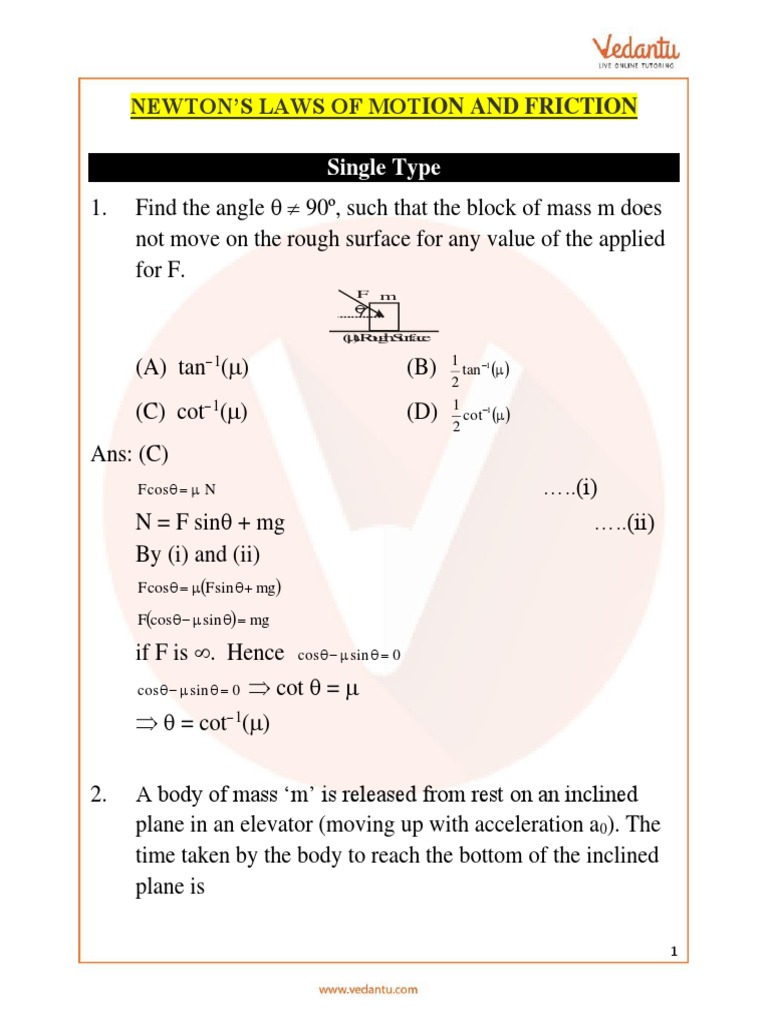 JEE Advanced Newtons Laws of Motion and Friction Important Questions | PDF