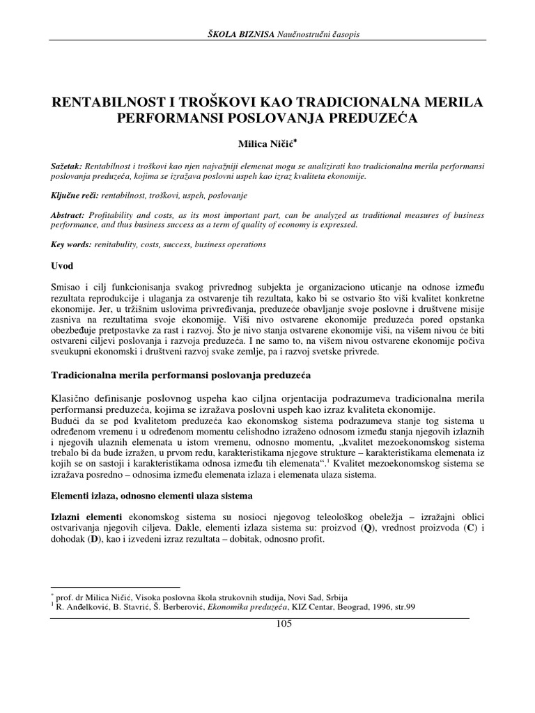 Rentabilnost I Troškovi Kao Tradicionalna Merila Performansi Poslovanja ...