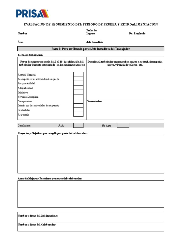 Formato Evaluación y Retroalimentación Del Periodo de Prueba | PDF