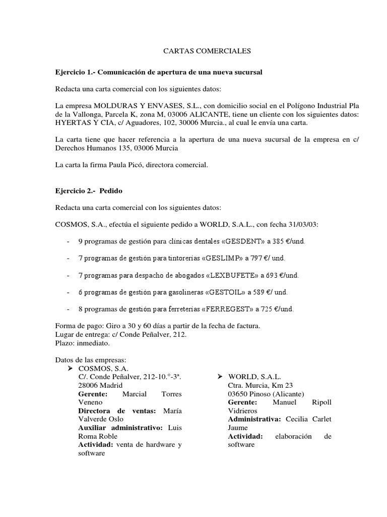 Ejercicios Cartas Comerciales | PDF