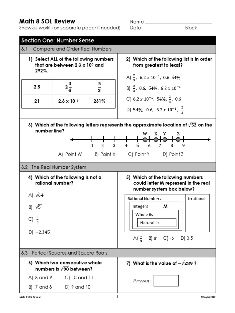 8th Grade Math SOL Review Packet | PDF | Numbers | Area