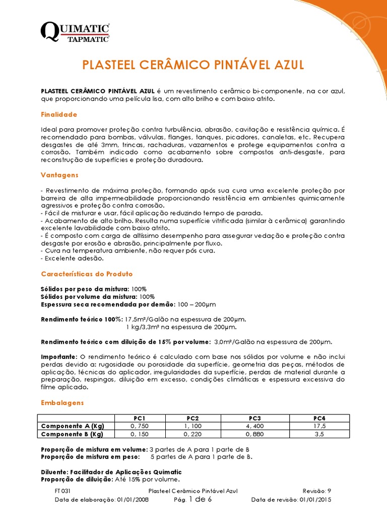Plasteel Cerâmico Pintável Azul | PDF | Corrosão | Vestir-se