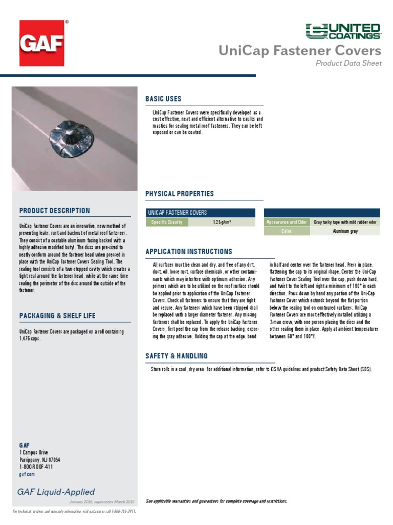 Data Sheet United Coatings UniCap Fastener Cover | PDF