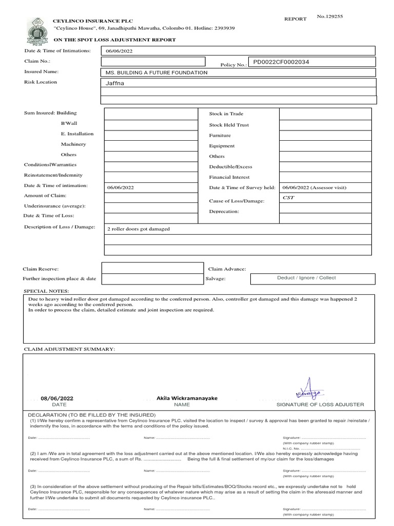 Claim Adjustment Report for Damage | PDF | Insurance | Indemnity