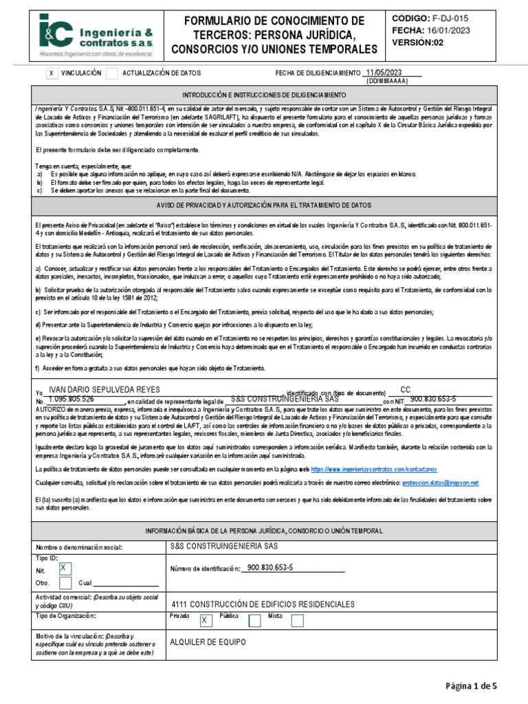 F-DJ-015 Formulario de Conocimiento Persona Jurídica IyC. | PDF