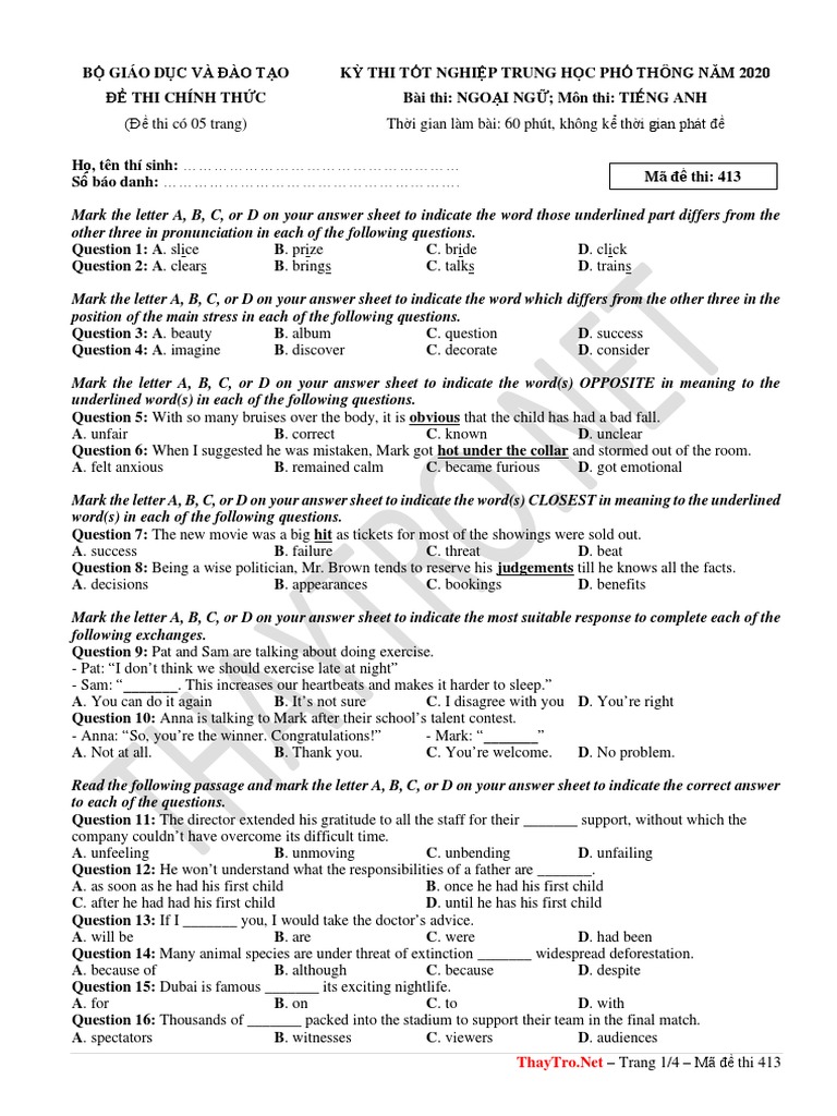(Thaytro - Net) de Thi THPT 2020 Mon Anh de Chinh Thuc Ma de 413 | PDF | Off The Grid | Social ...