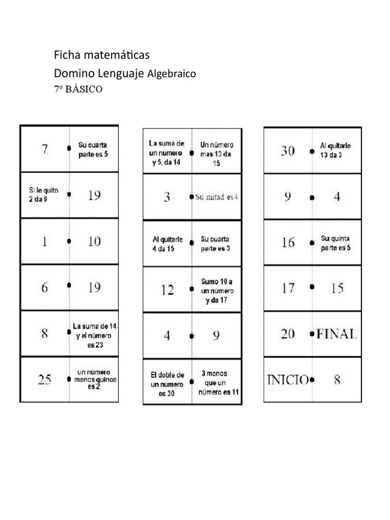 Ficha Matemáticas Dominó Lenguaje Algebraico 7° | PDF