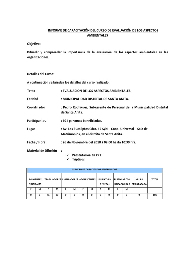 MODELO DE INFORME DE CAPACITACIÓN | PDF