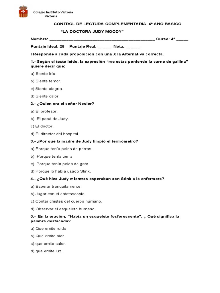 CONTROL DE LECTURA COMPLEMENTARIA Judy Moody | PDF | Novela negra ...